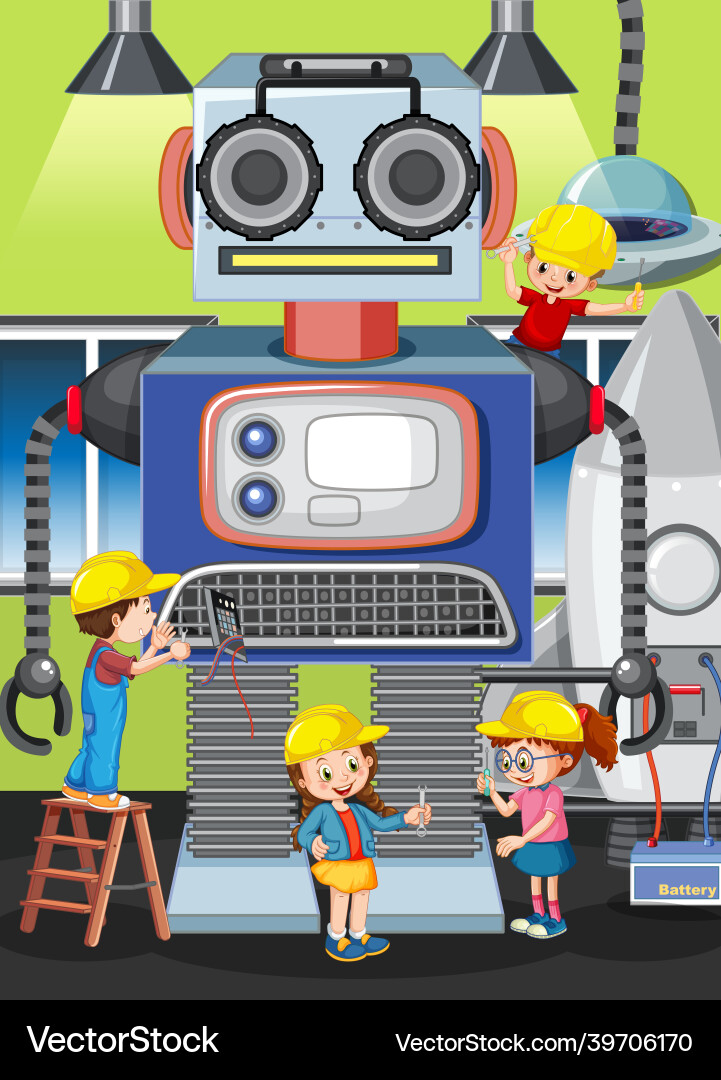 Scene with children building robot together Vector Image