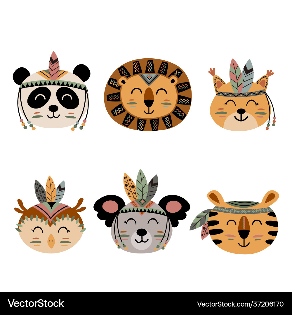 Set isolated cute tribal animal faces Royalty Free Vector