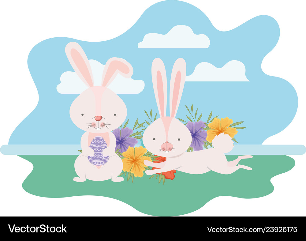 Easter bunnies with landscape isolated icon Vector Image