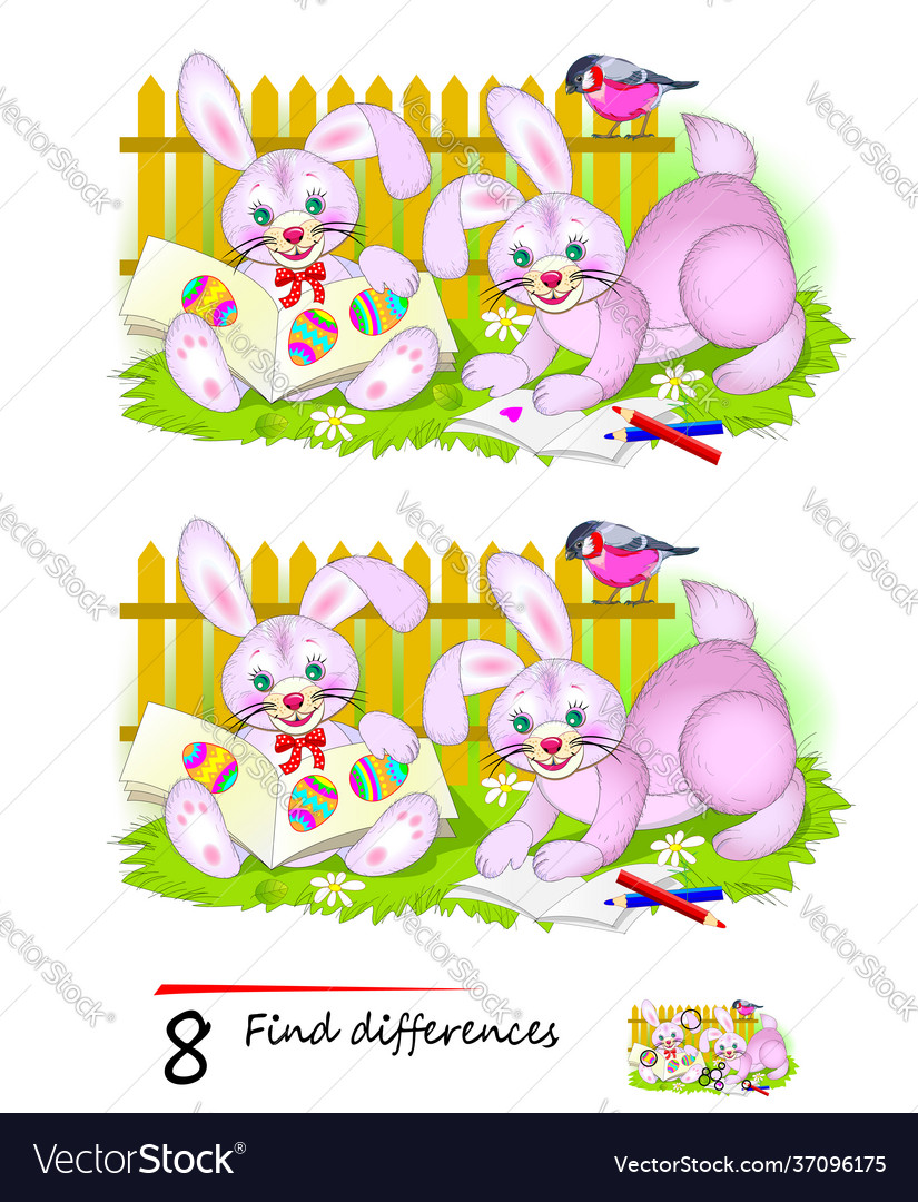 Find 8 differences cute easter rabbits Royalty Free Vector