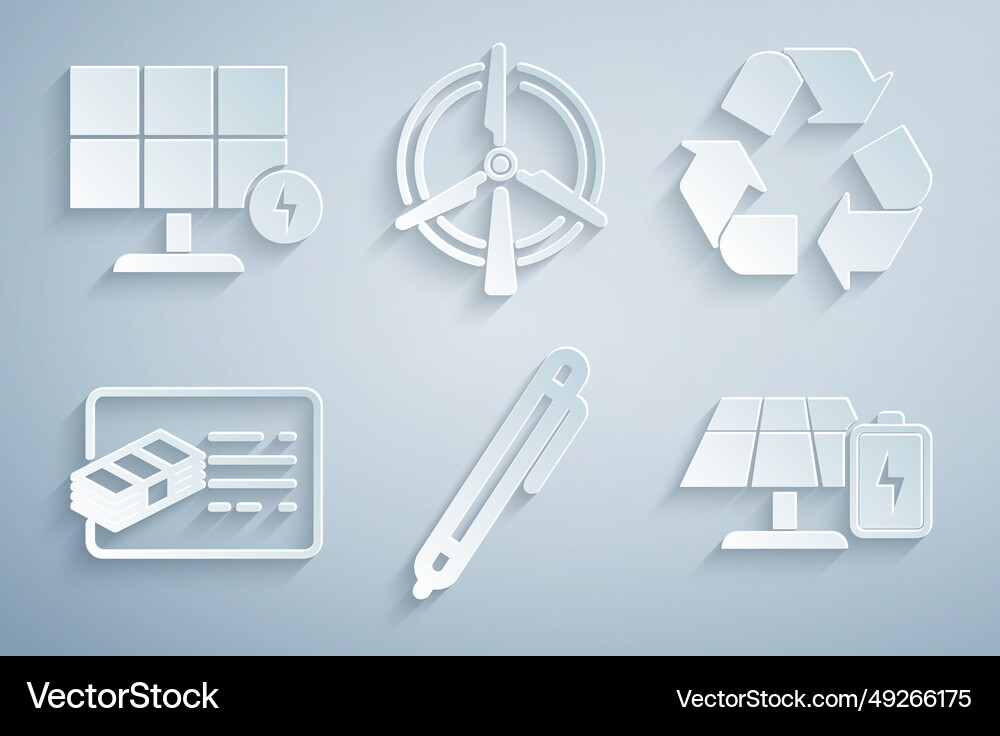 Set pen recycle symbol financial document solar Vector Image