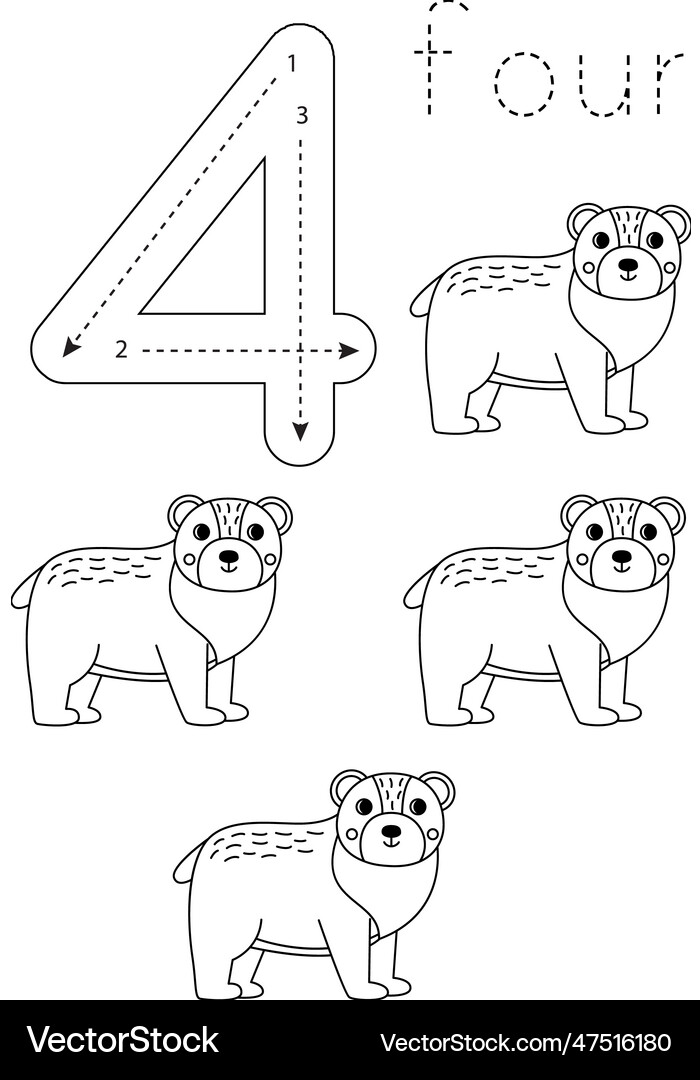 Flashcard number 4 preschool worksheet cute Vector Image
