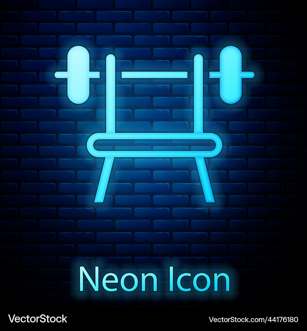 Glowing neon bench with barbell icon isolated Vector Image