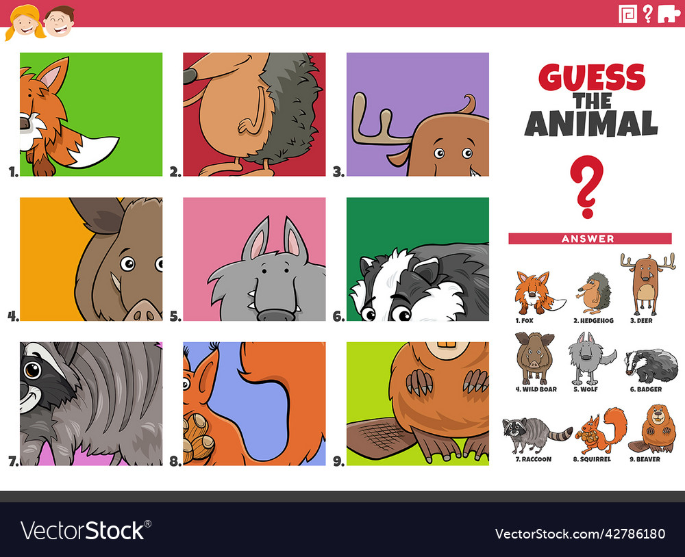 Guess cartoon animal characters educational task Vector Image