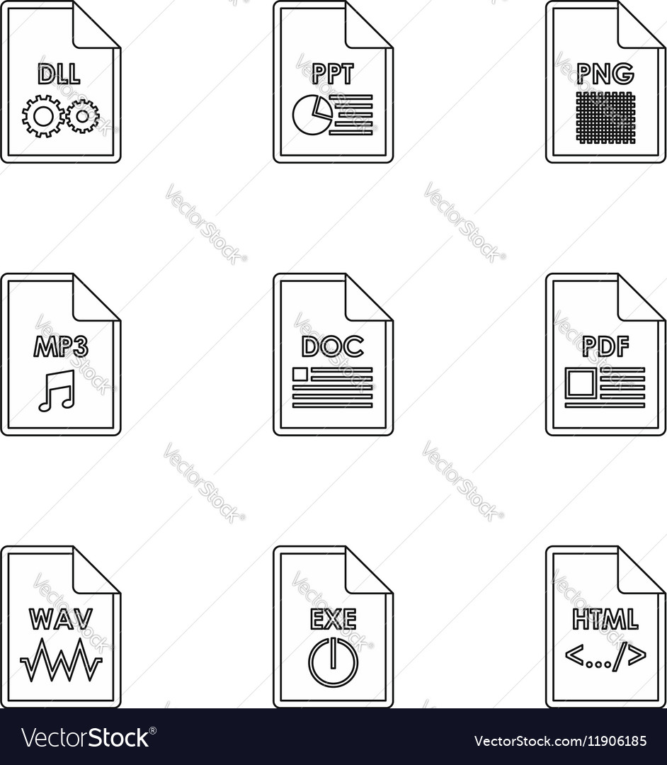 Document types icons set outline style Royalty Free Vector