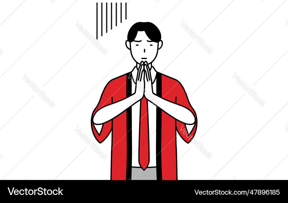 Man wearing a red happy coat apologizing with his Vector Image