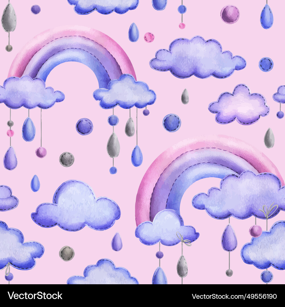 A stitched rainbow with clouds and raindrops Vector Image