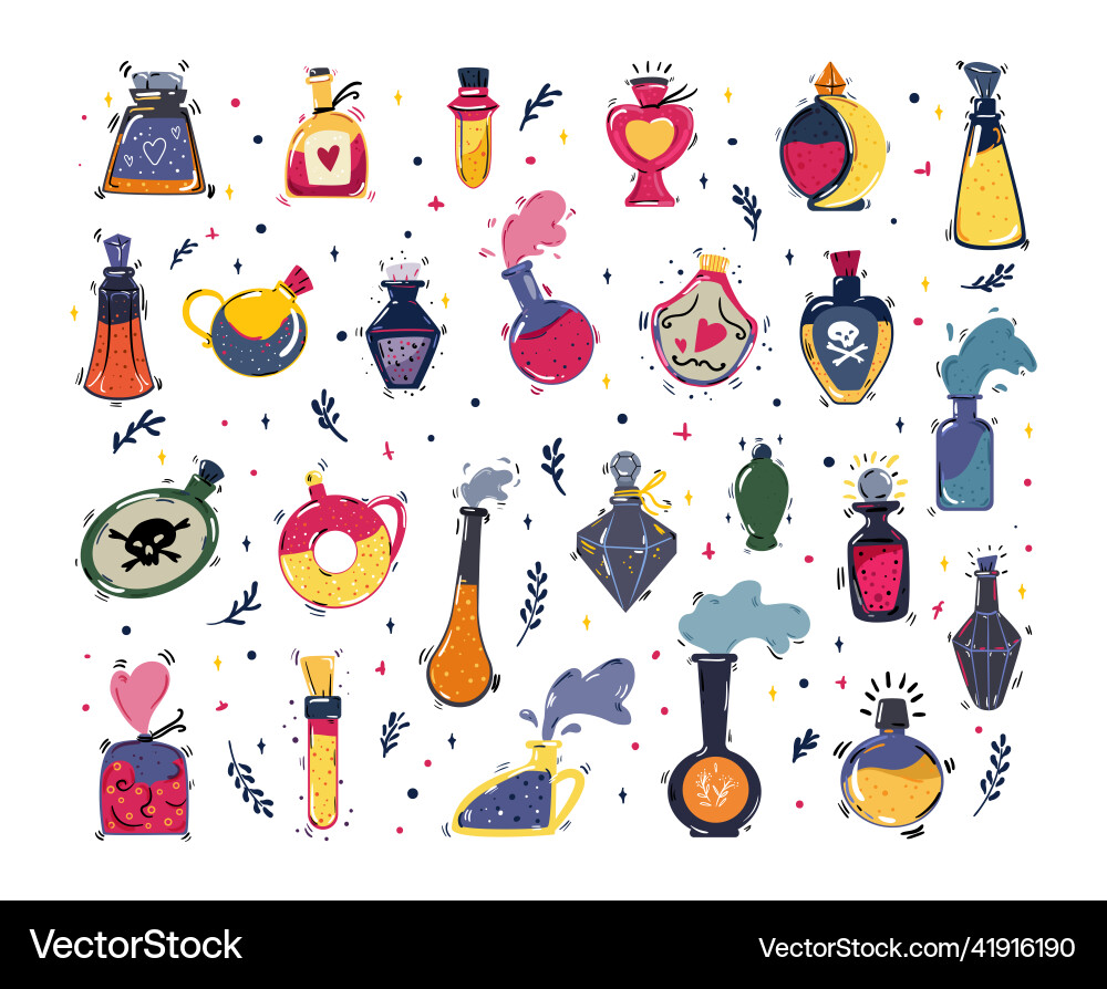 Elixirs and potions in bottles Royalty Free Vector Image