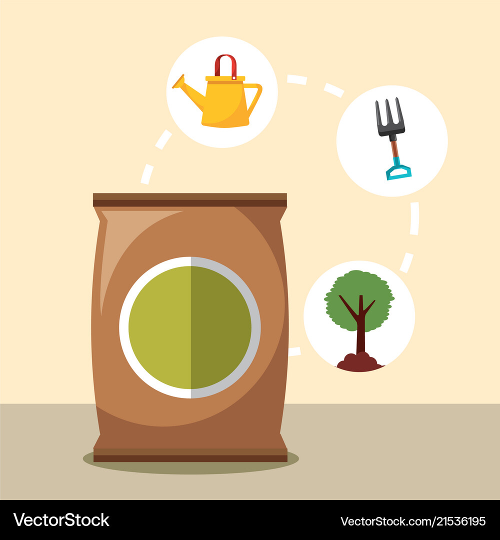 Potting soil watering can fork and tree gardening Vector Image