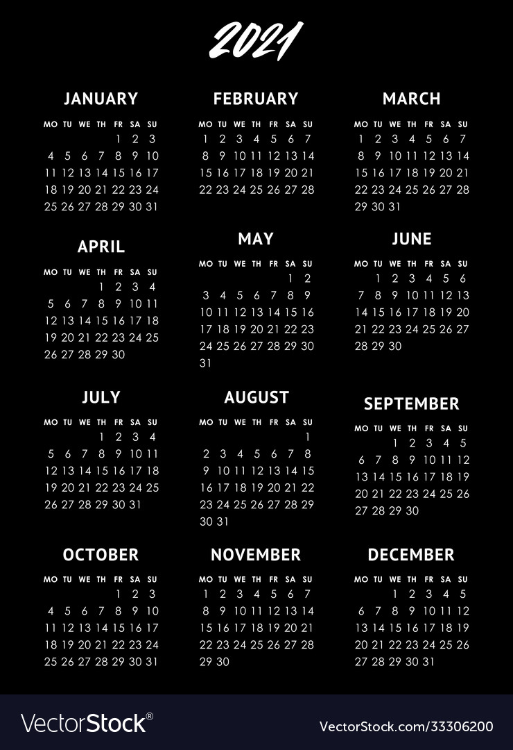 Calendar for 2021 year week starts monday Vector Image