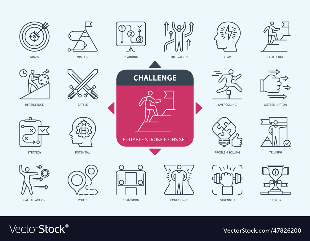 Challenge icons set with description Royalty Free Vector