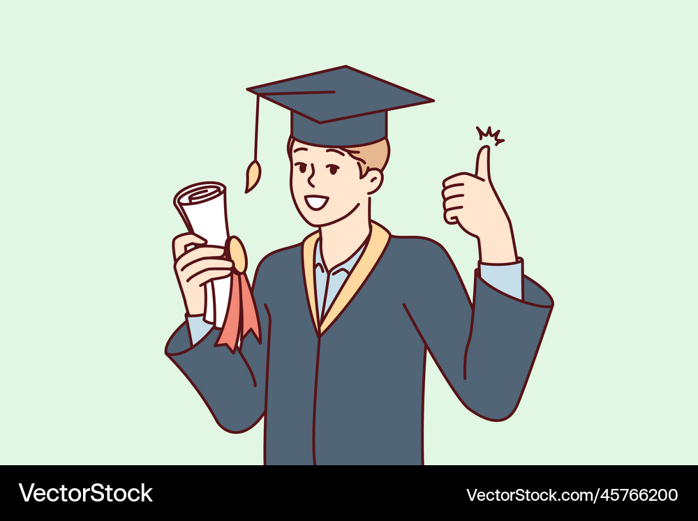 Graduate guy in academic gown and hat holds bundle