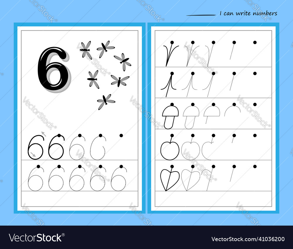 Learn to count and trace number six set Royalty Free Vector