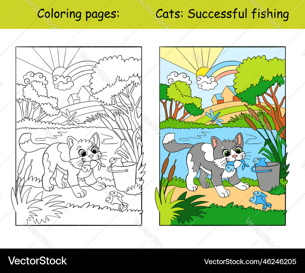 Coloring and color cat catches fish Royalty Free Vector