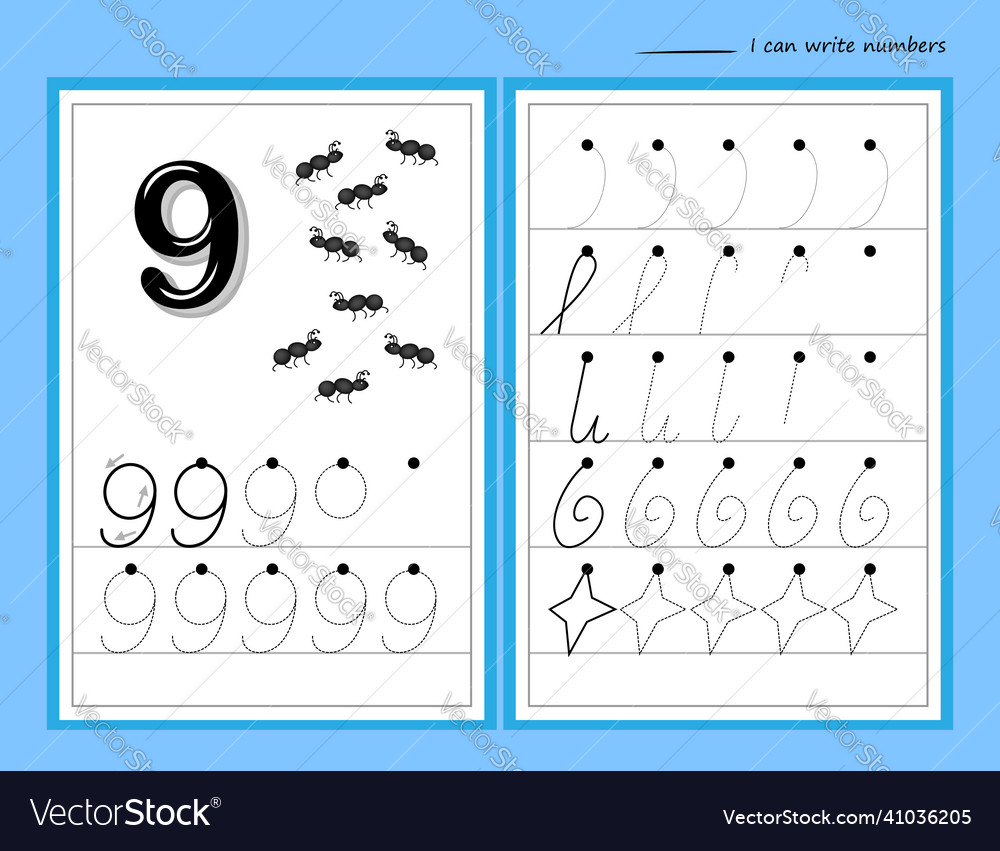 Learn to count and trace number nine set Vector Image