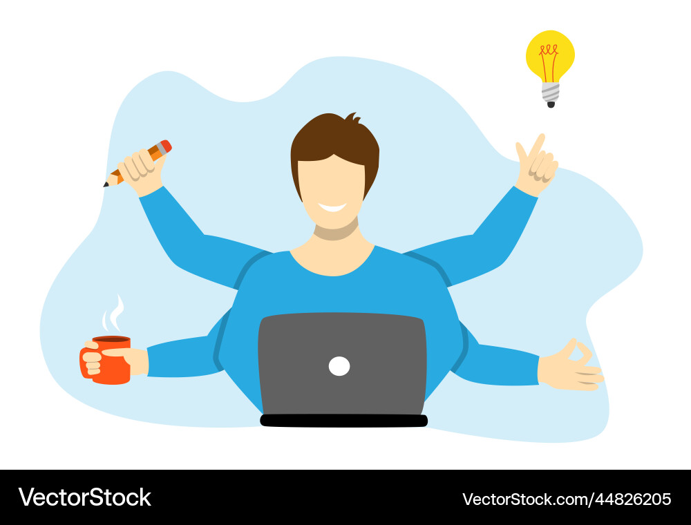 Man of many hands multitasking concept Royalty Free Vector