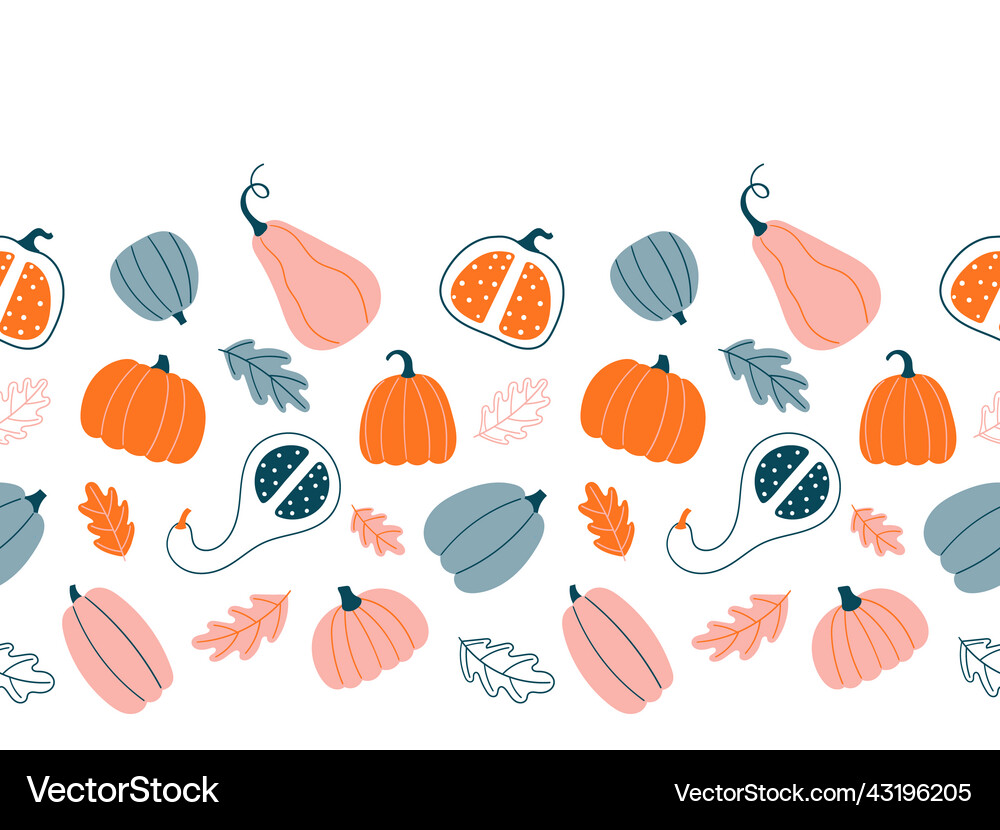 Seamless border with various pumpkins and autumn Vector Image