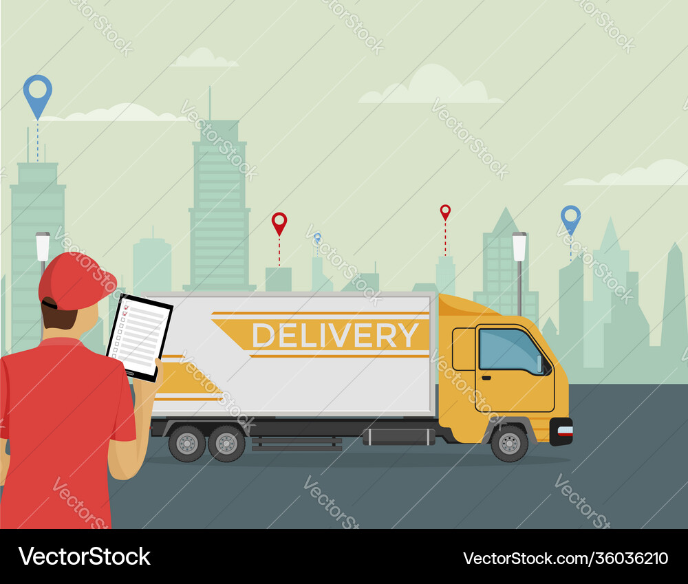 Delivery courier holds a tablet in his hand Vector Image