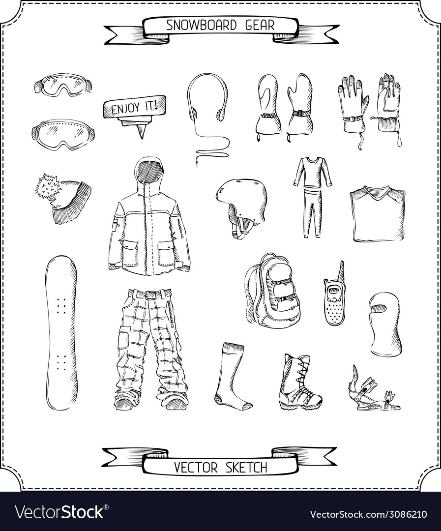 Pencil sketch snowboard gear Royalty Free Vector Image