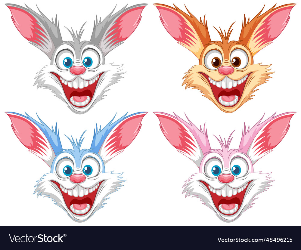 Four crazy rabbit cartoon smiles Royalty Free Vector Image Four crazy rabbit cartoon smiles Royalty Free Vector Image