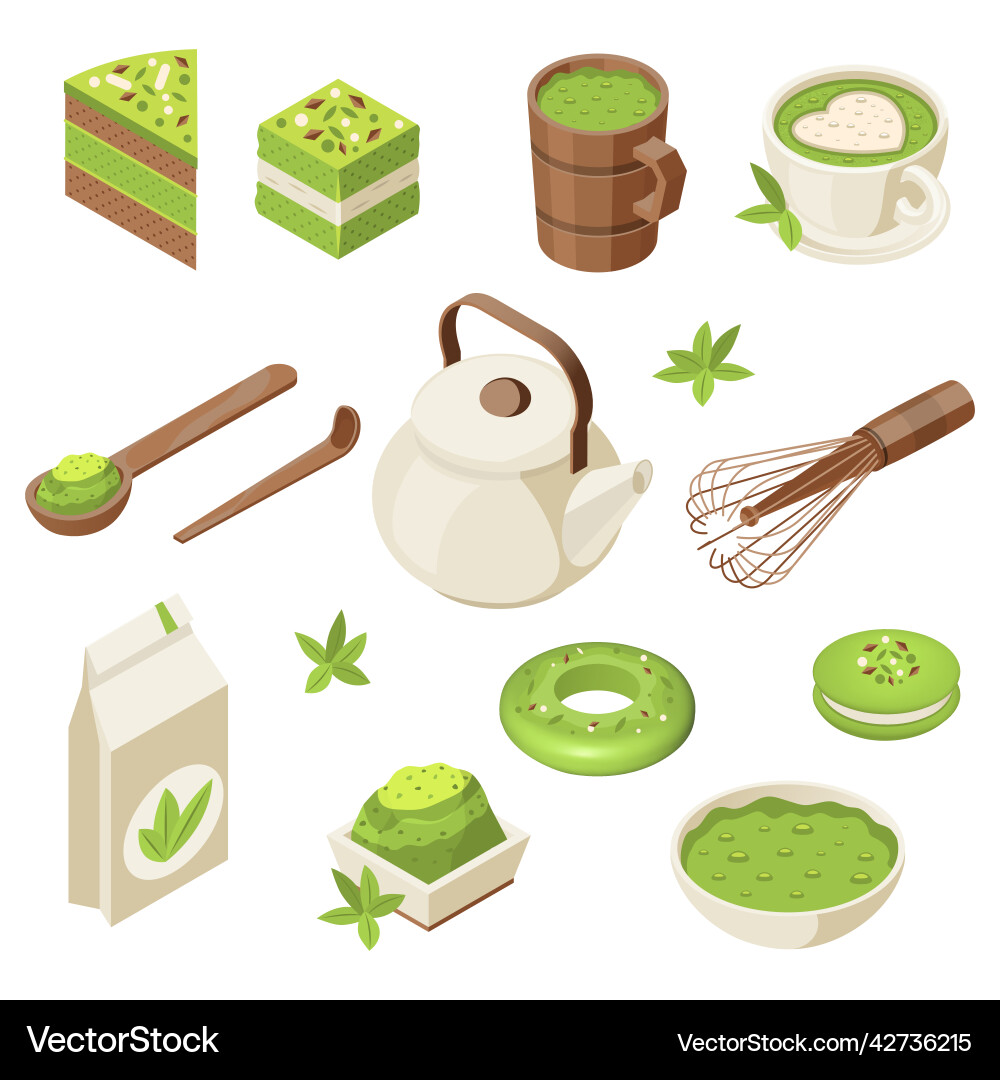 Matcha isometric icons collection Royalty Free Vector Image