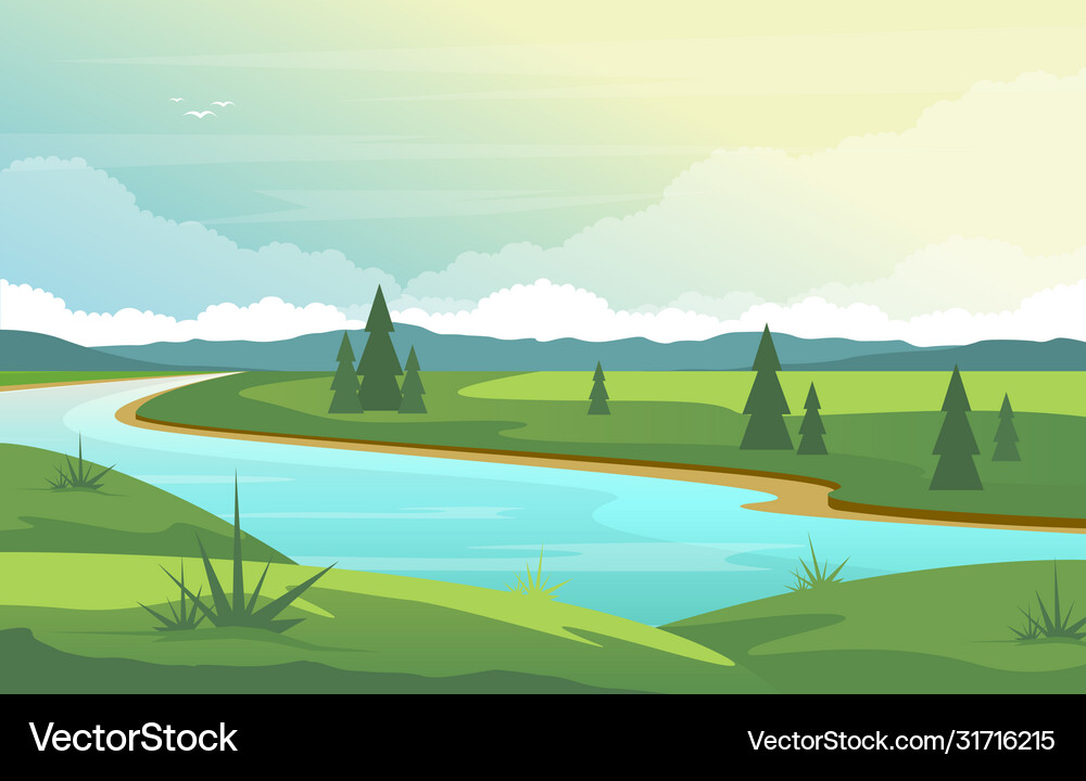 Winding river mountain forest beautiful rural Vector Image