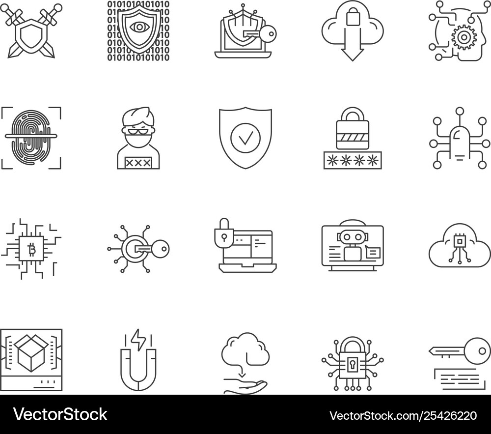 Cyber security line icons signs set Royalty Free Vector