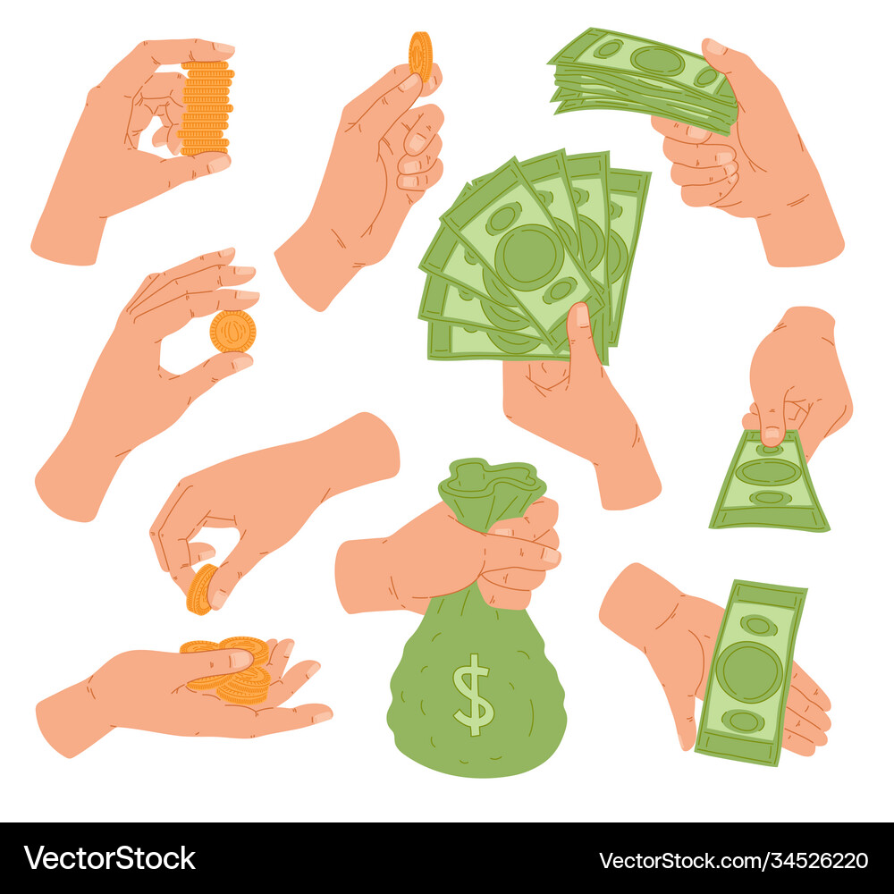 Different poses human hands with gold coins and Vector Image