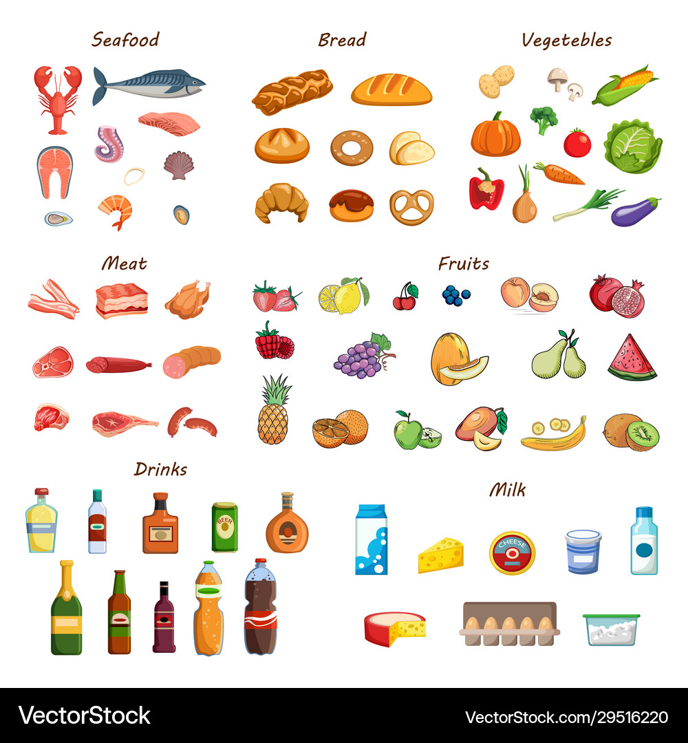 Food set collection various meals fish Royalty Free Vector
