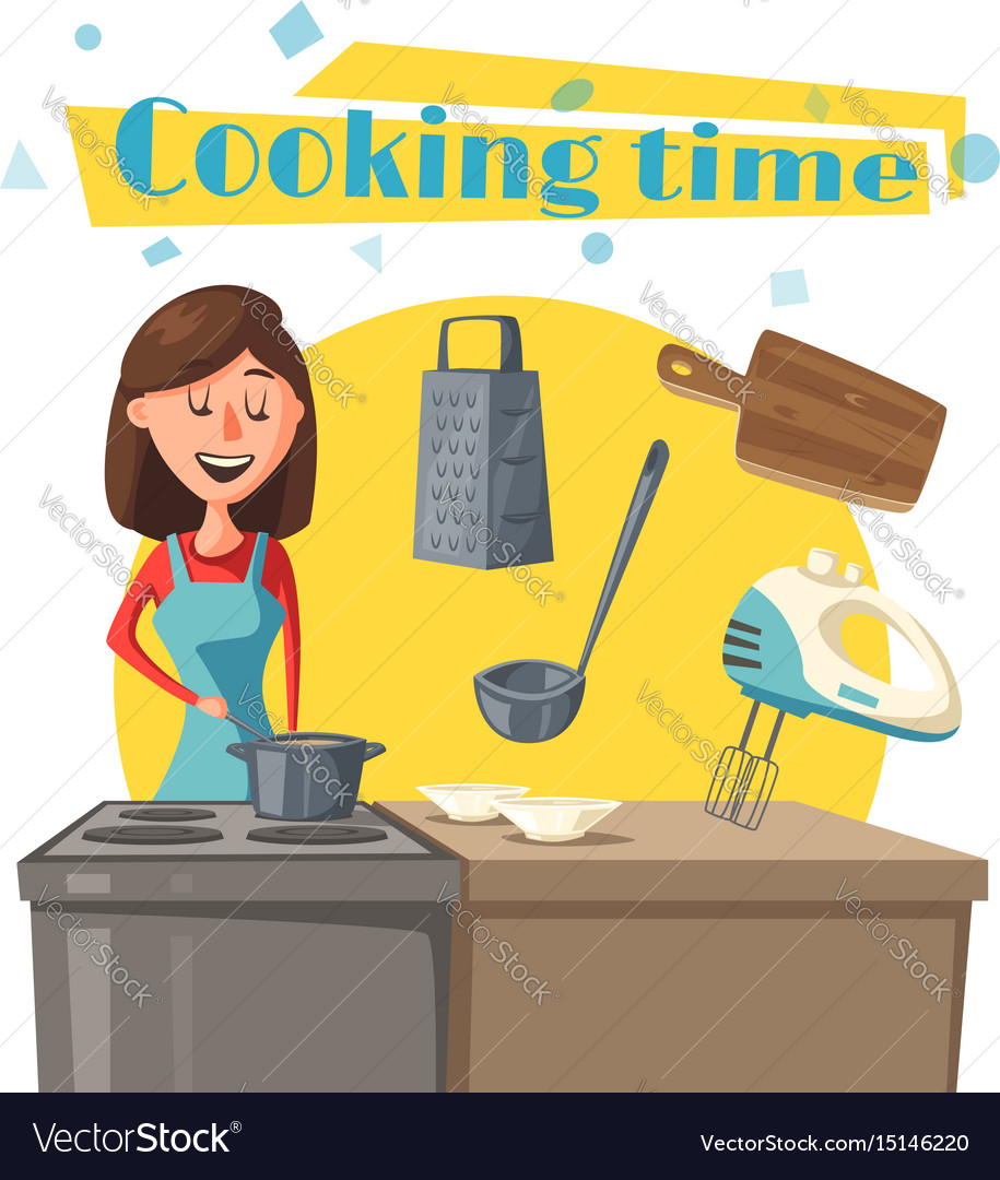 Housewife Woman At Kitchen Cooking Stove Vector Image