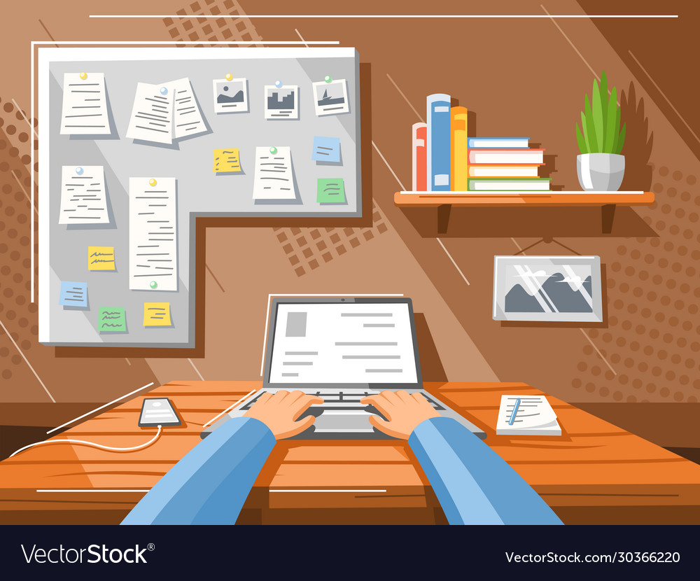 Man sits at a table and works on a computer Vector Image