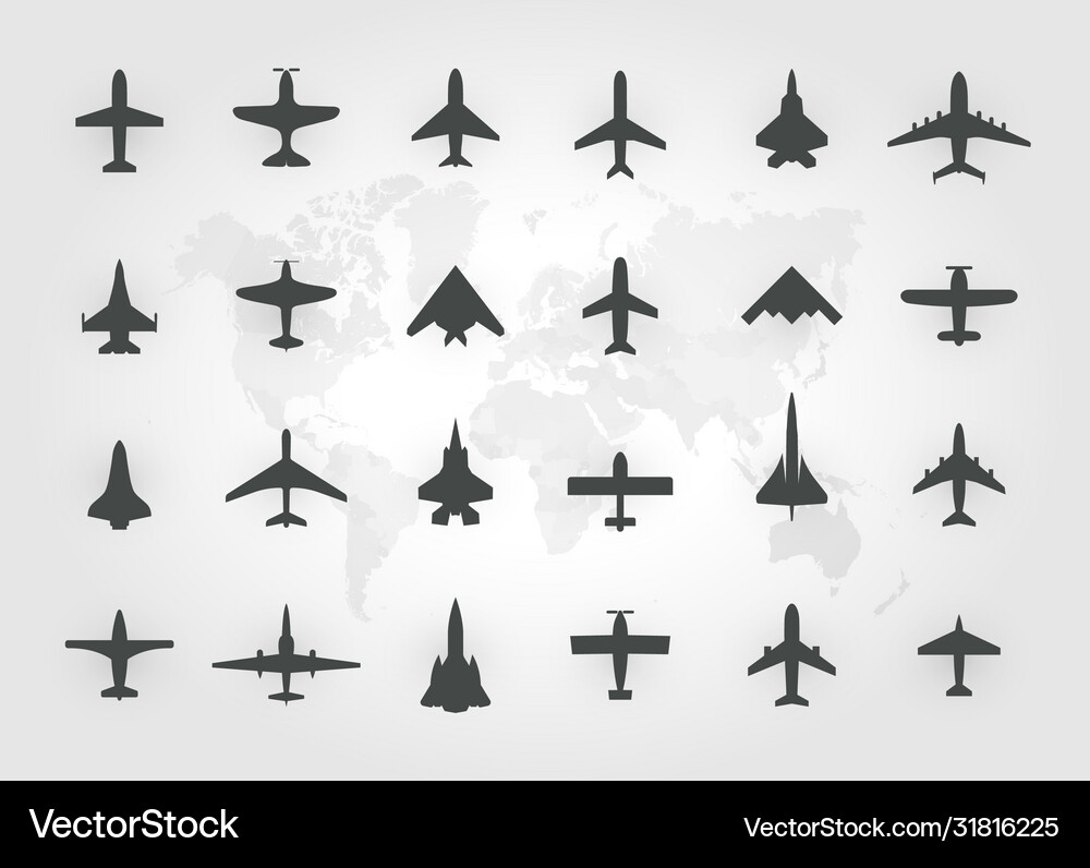 Aircraft top view icon set set black Royalty Free Vector