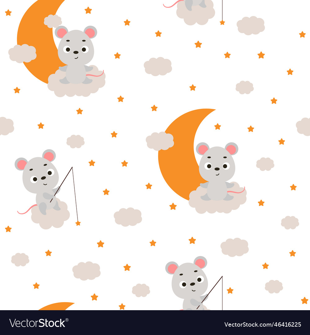 Cute little mouse sitting on cloud and fishing Vector Image