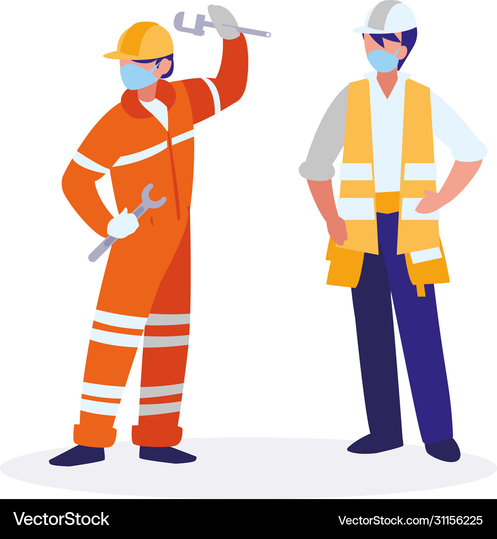 Industrial workers men working with face mask Vector Image