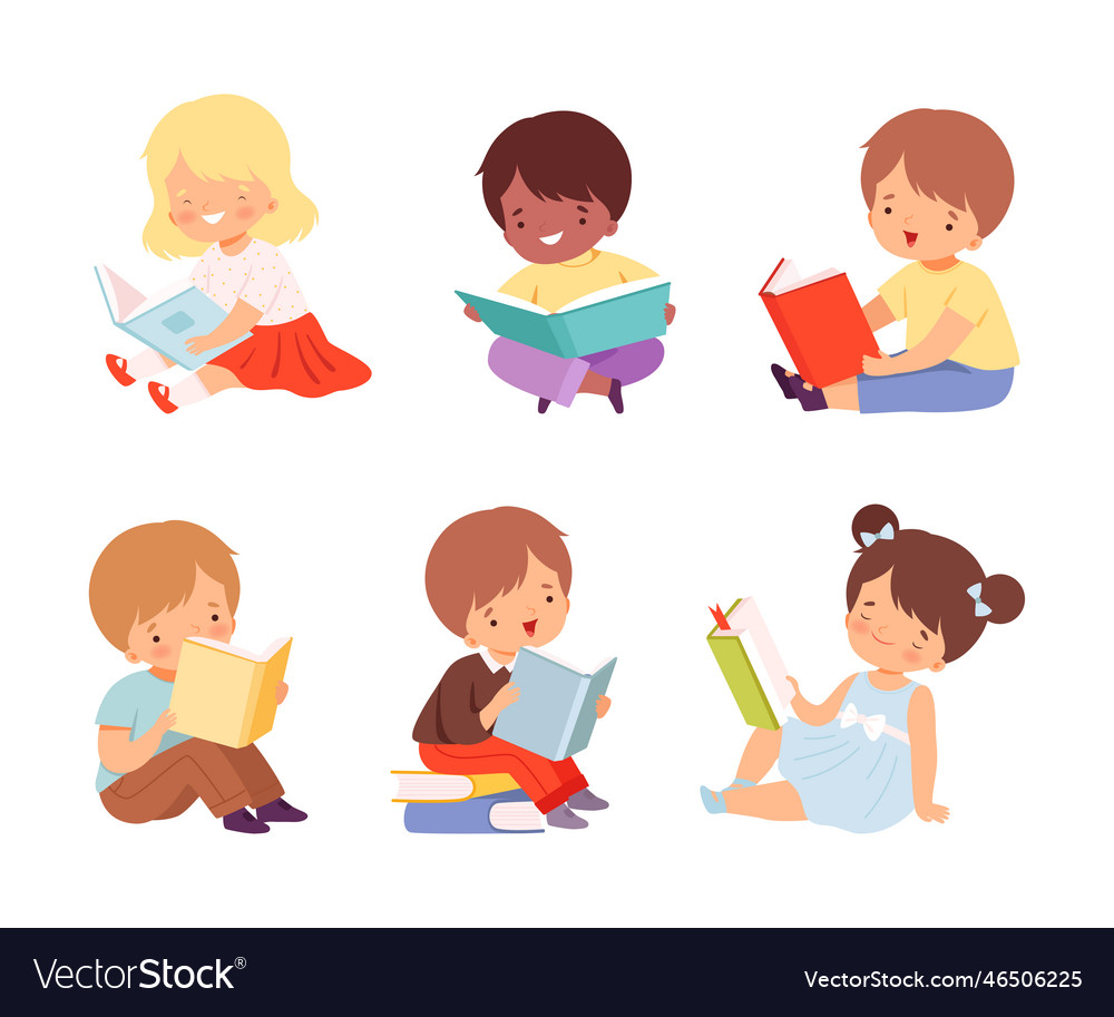 Little boy and girl enjoying reading book Vector Image