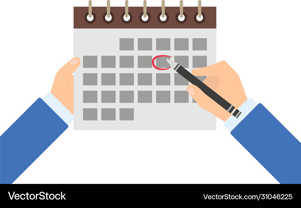 Scheduling calendar and pen in hand flat Vector Image