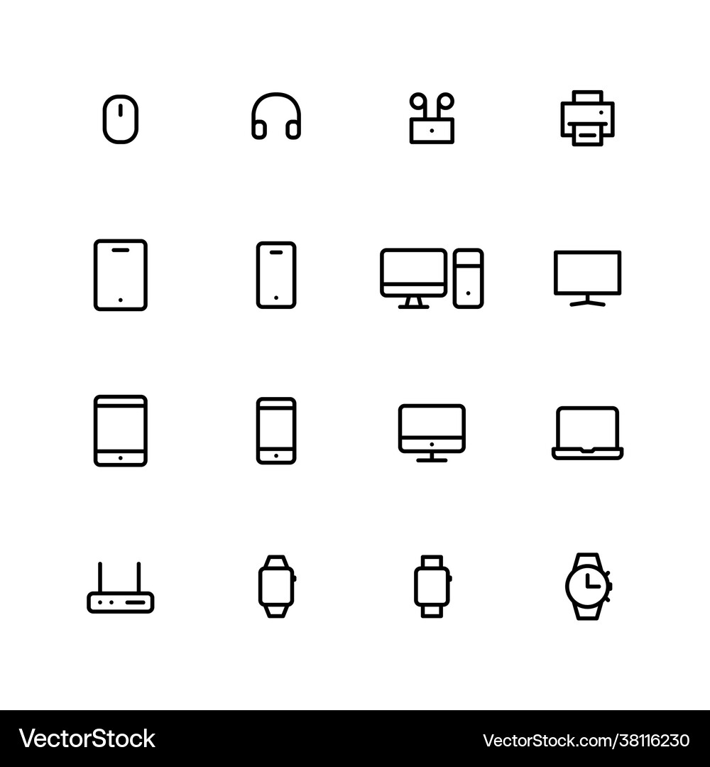 Line art device icons pixel perfect Royalty Free Vector