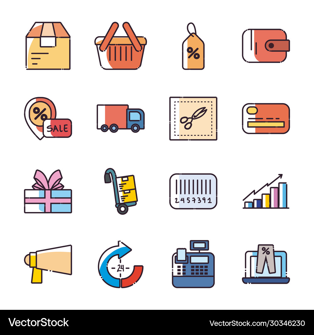 Shopping fill style icon set design Royalty Free Vector