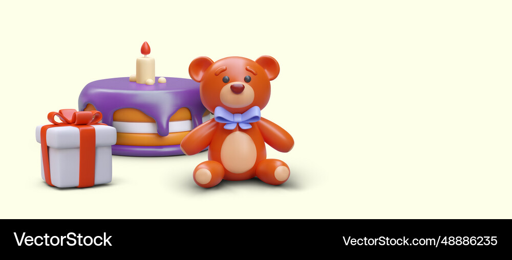 Gift box cute soft teddy bear and birthday cake Vector Image