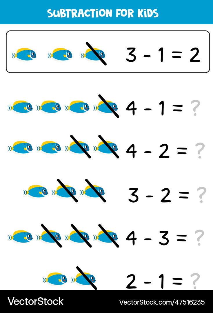 Subtraction with cute blue tang fish educational Vector Image