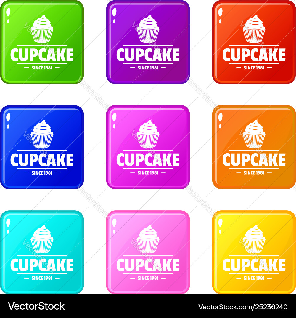 Cupcake icons set 9 color collection Royalty Free Vector