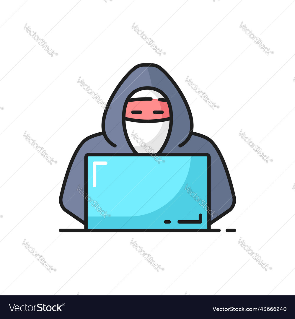 Hacker in mask typing on laptop outline icon Vector Image