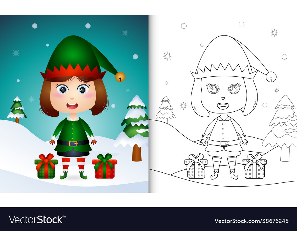 Coloring book with a cute girl elf christmas Vector Image