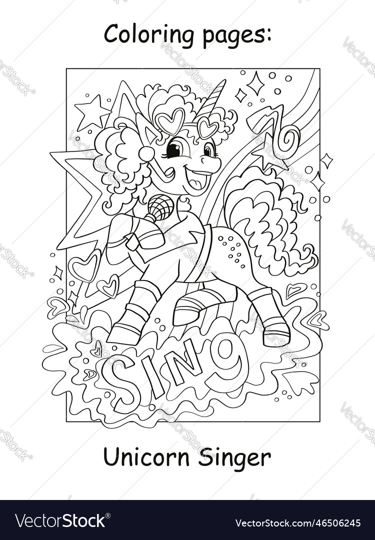 Cute beautiful unicorn singer coloring book Vector Image