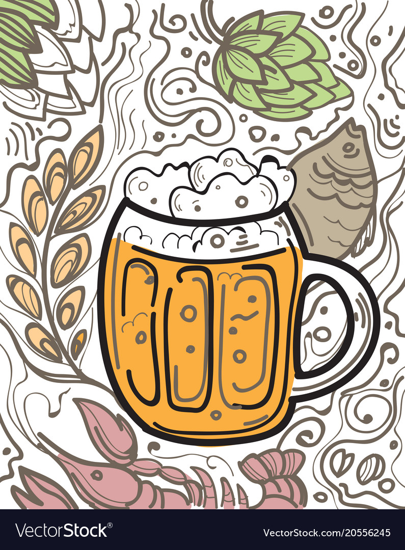 Glass Of Beer On The Doodle Background Royalty Free Vector