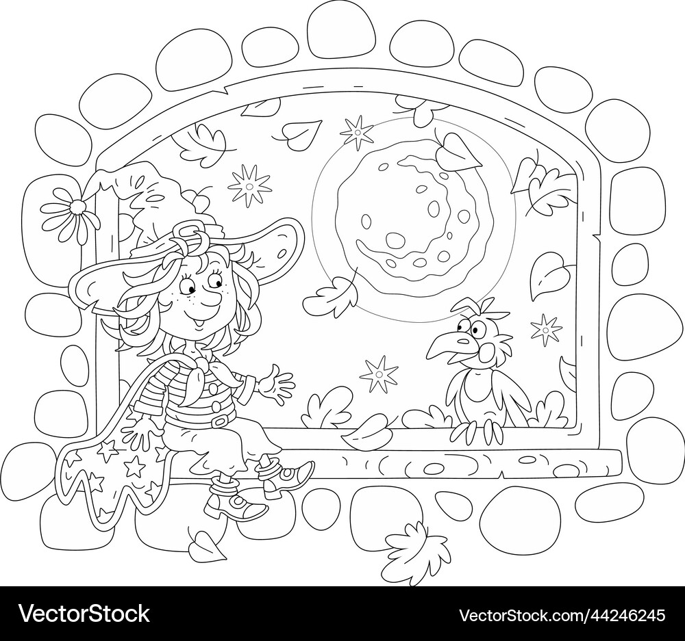 Little witch talking to a crow at window Vector Image