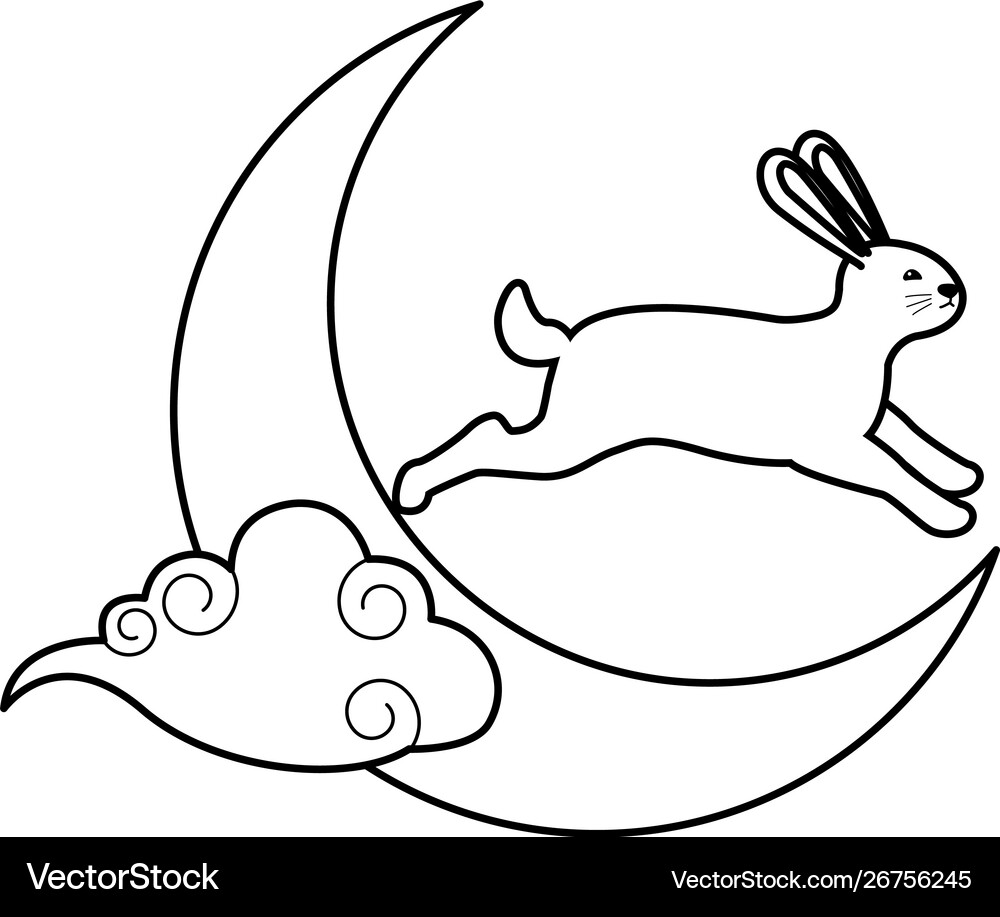 Rabbit on moon with cloud in black and white Vector Image