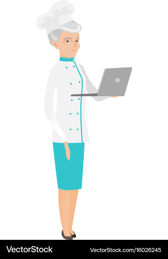 Senior caucasian chef cook using a laptop Vector Image