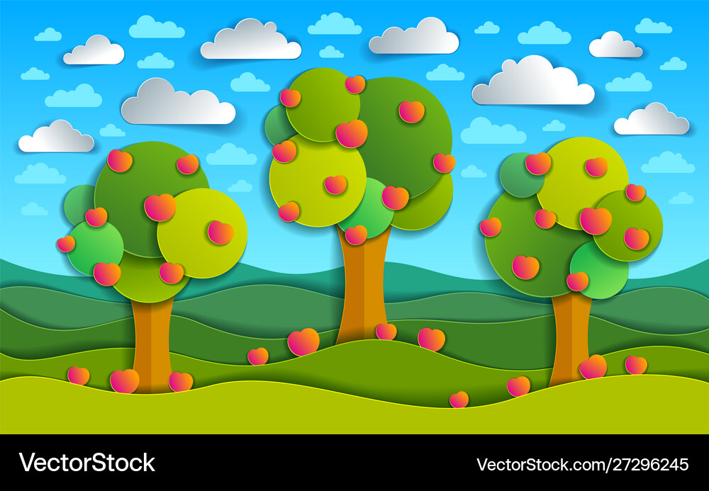 Three apple trees in field scenic nature Vector Image