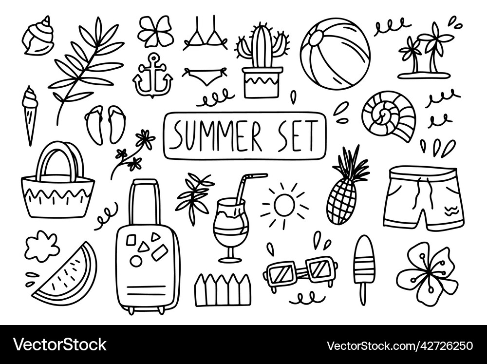 Beach vacation sea line drawings elements summer Vector Image